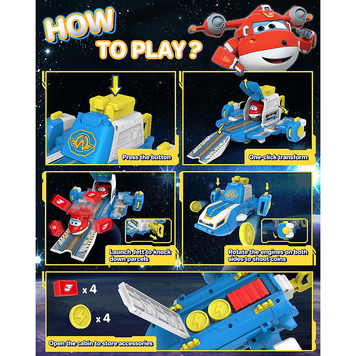 Super Wings Mini World Aircraft Playset, Includes 2" Transform-a-Bot Jett and Gold Coins & Parcels, Preschool Educational Learning Toys for Age 3+, Birthday Gifts for Kids