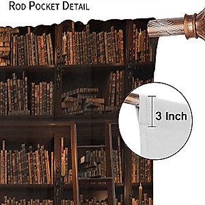 Mysterious Library Curtains, Retro Bookcase with Secret Door, Vintage Bookshelf Bookcase Print Thermal Insulation Rod Pocket Blackout Window Drapes for Living Room Bedroom 42x45 Inch