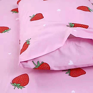 SDY 4PCS Strawberry Bedding Sheets,Queen Size Red and Pink Strawberry Print Sheet Set with 1 Kawaii Top Flat Sheet + 1 Deep Pocket Fitted Sheet + 2 Pillowcases for Teen Girls
