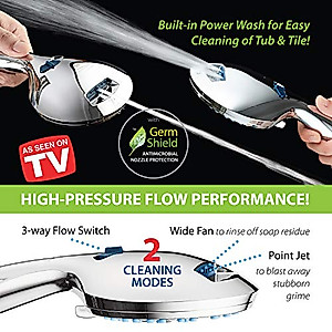 AquaCare As-Seen-On-TV High Pressure 50-mode Rain & Handheld 3-way Shower Head Combo - Anti-clog Nozzles/Tub, Tile & Pet Power Wash/Extra Long 6 ft. Stainless Steel Hose/All Chrome Finish