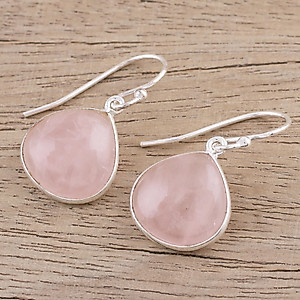 NOVICA Artisan Handmade Rose Quartz Dangle Earrings Sterling Silver from India Pink Birthstone [1.2 in L x 0.6 in W x 0.2 in D] ' Dancing Soul'