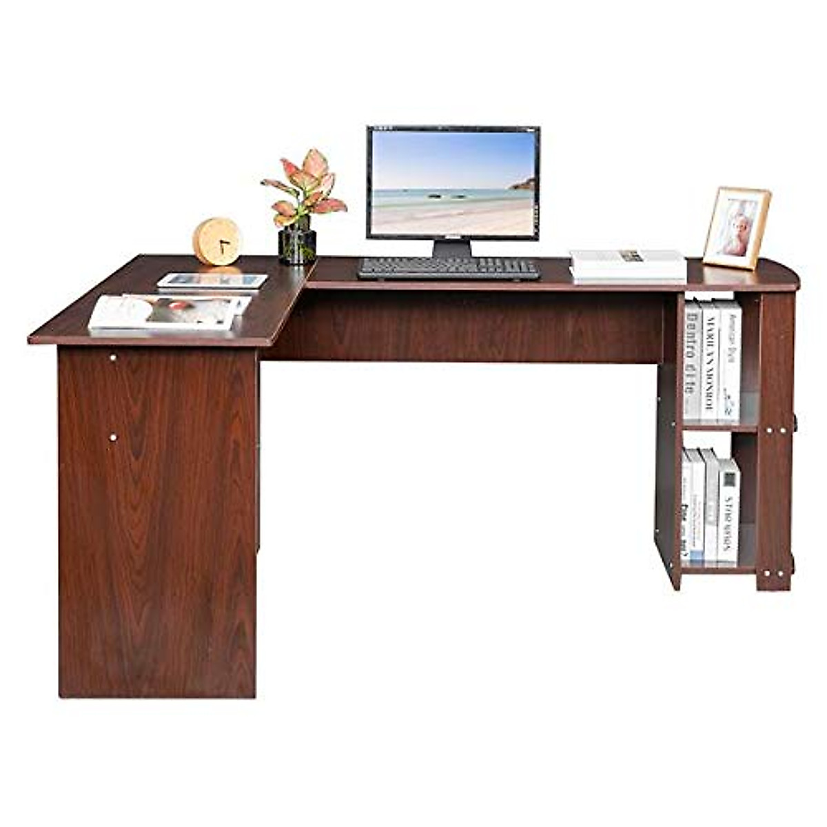 INXXCOROO Basyll L-Shaped Corner Desk Home Office Workstation with Hutch Bookshelves - Sturdy Wooden Computer Table for Laptop and Study