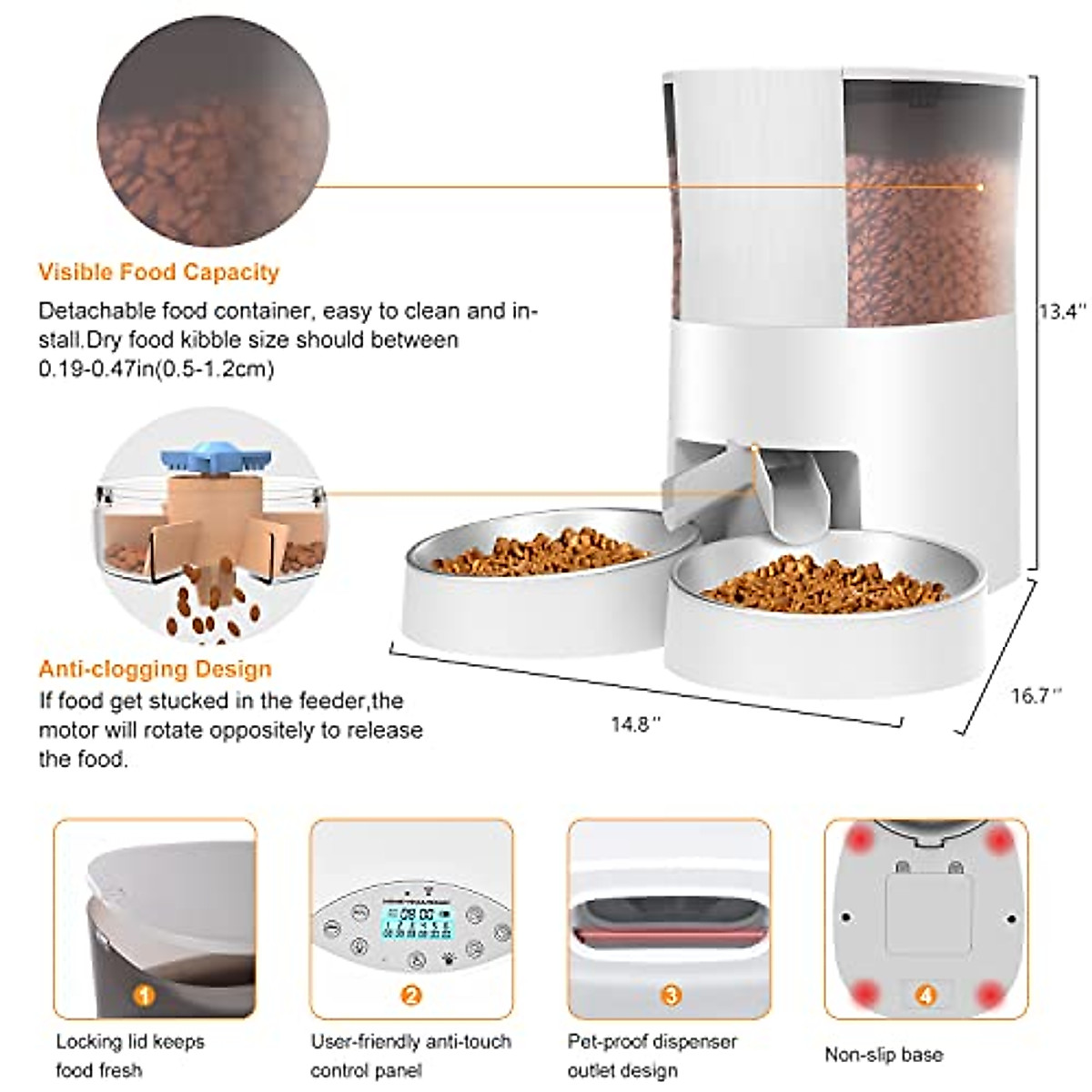 HoneyGuaridan Automatic Cat Feeder for 2 Cats&Dog, Pet Food Dispenser Timed Cat Feeder, Portion Control, Distribution Alarms and Voice Recorder 1-6 Meals per Day - 2 Stainless Steel Bowl