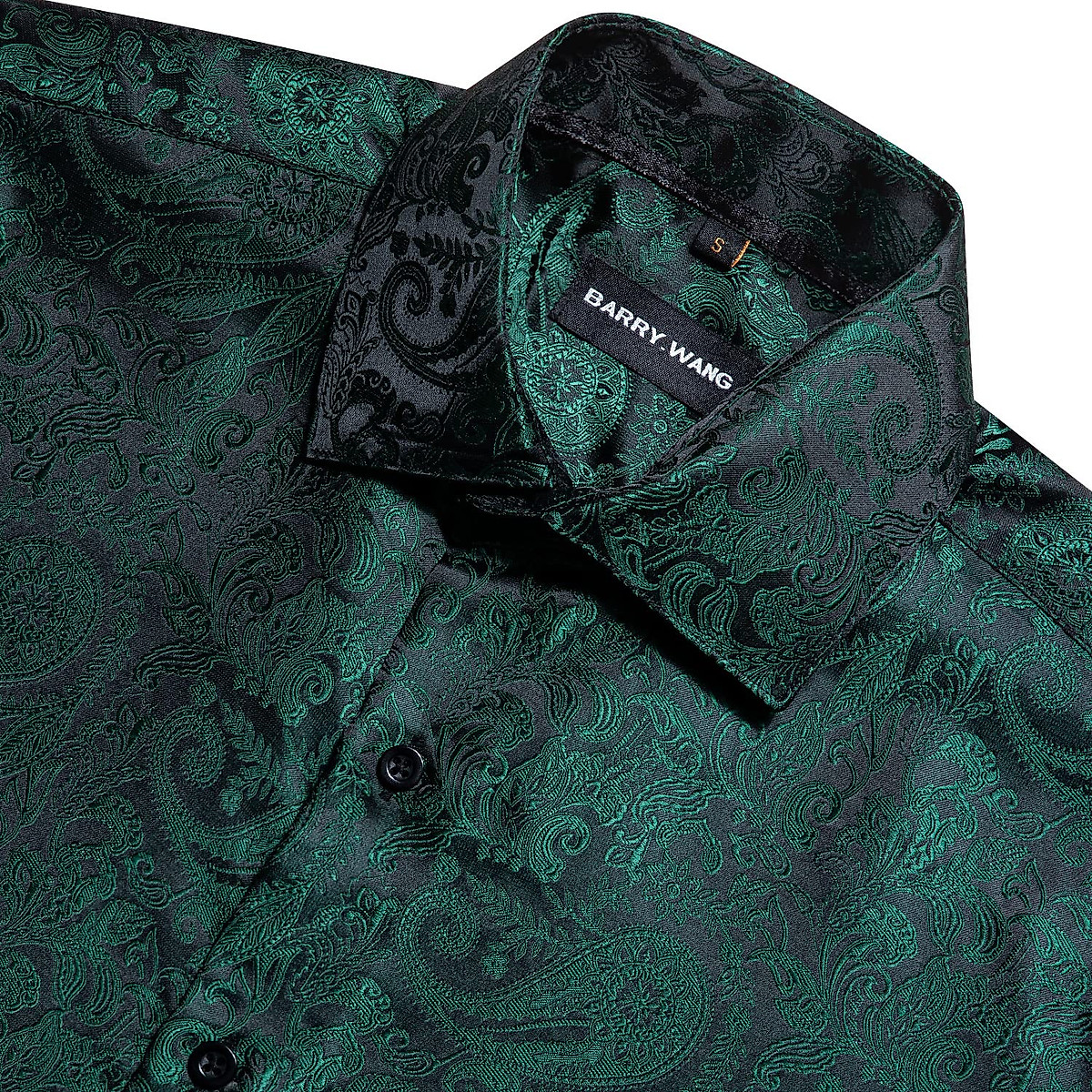 Men's Silk Shirt Paisley Floral Jacquard Short Sleeve Button Down Dress Shirts Formal Casual Wedding Party Deep Green
