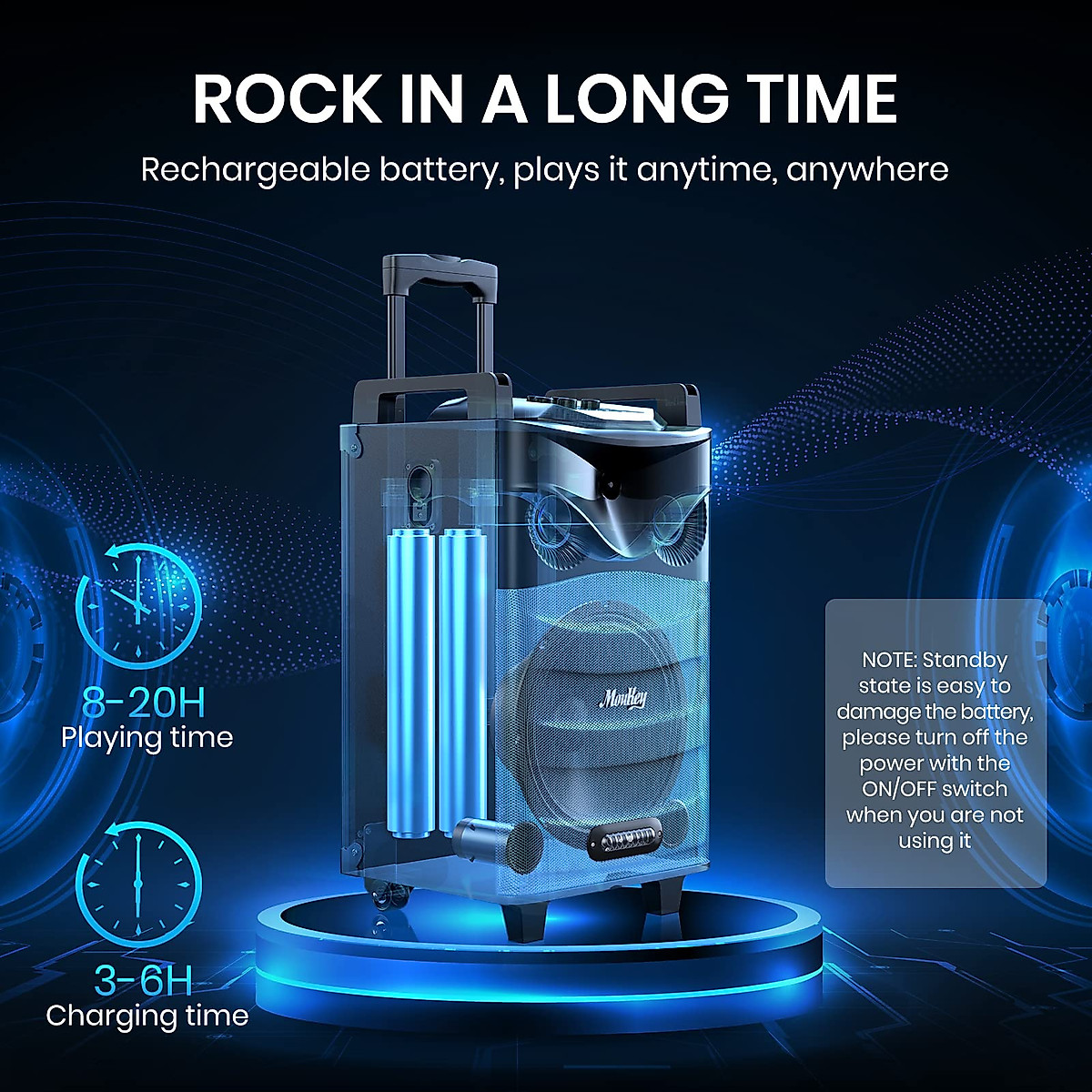 Moukey Karaoke Machine, PA System Woofer, Portable Bluetooth Speaker w/ 2 Wireless Microphones, Lyrics Display Holder, Party Lights & Echo/Treble/Bass Adjustment, Support TWS/REC/AUX/MP3/USB/TF/FM