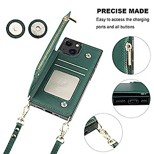 Bocasal Crossbody Wallet Case for iPhone 13 with RFID Blocking Card Slot Holder, Magnetic Flip Folio Purse Case, PU Leather Zipper Handbag with Detachable Lanyard Strap 6.1 Inch 5G (Green)