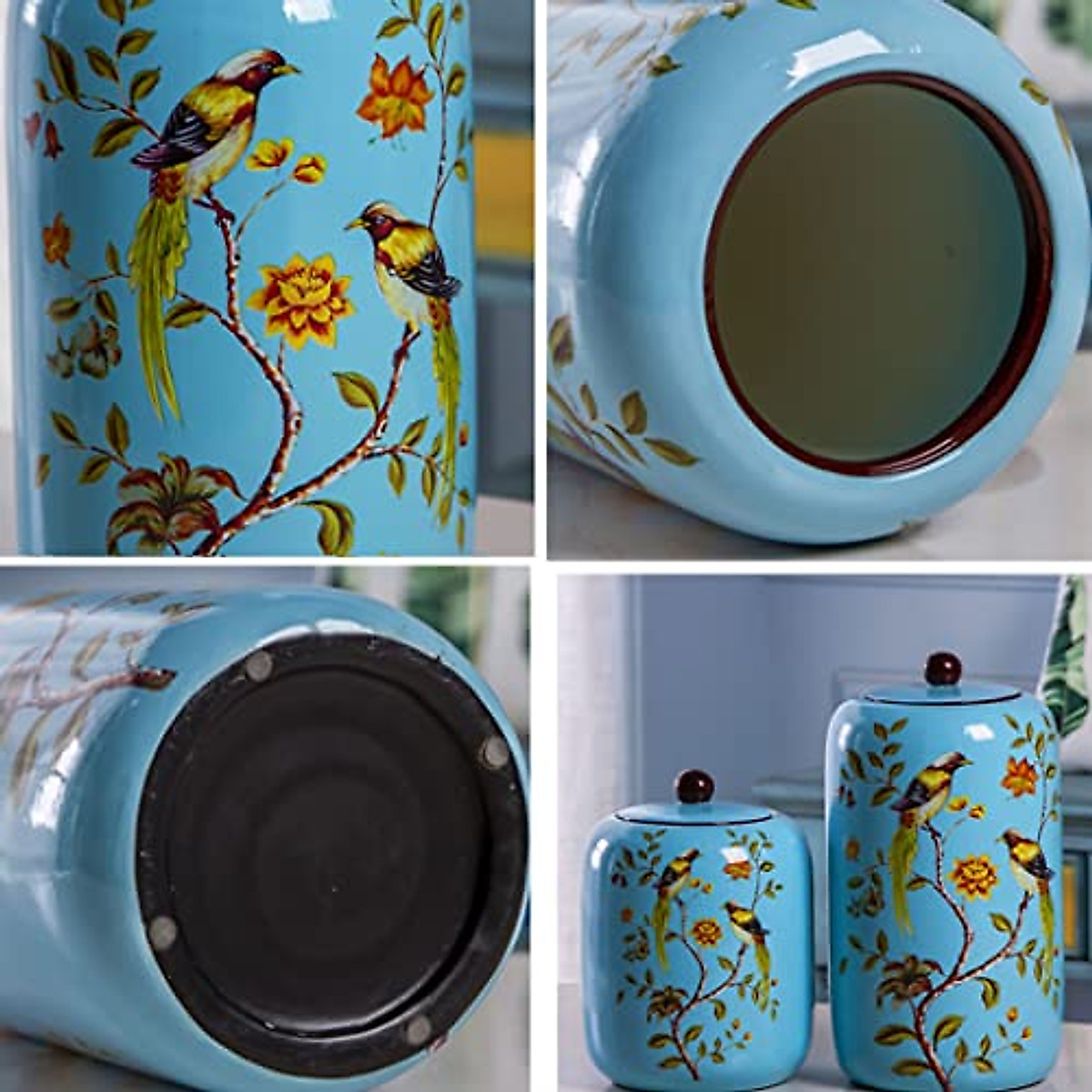 Blue Ceramic Cylinder Vase Ginger Jar with Lid for Home Decor, Floral Bird Temple Jar Vase Traditional Porcelain Dried Flower Vases Gift Jar Decoration for Living Ro S