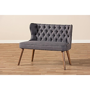 Baxton Studio Scarlett Mid-Century Modern Brown Wood and Dark Grey Fabric Upholstered Button-Tufting with Nail Heads Trim 2-Seater Loveseat Settee