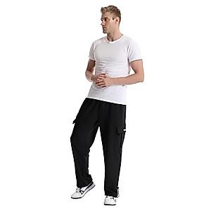GYMBULLFIGHT Men's Cargo Sweatpants Loose Fit Pants Joggers for Men with Pockets, Open Bottom Drawstring Black