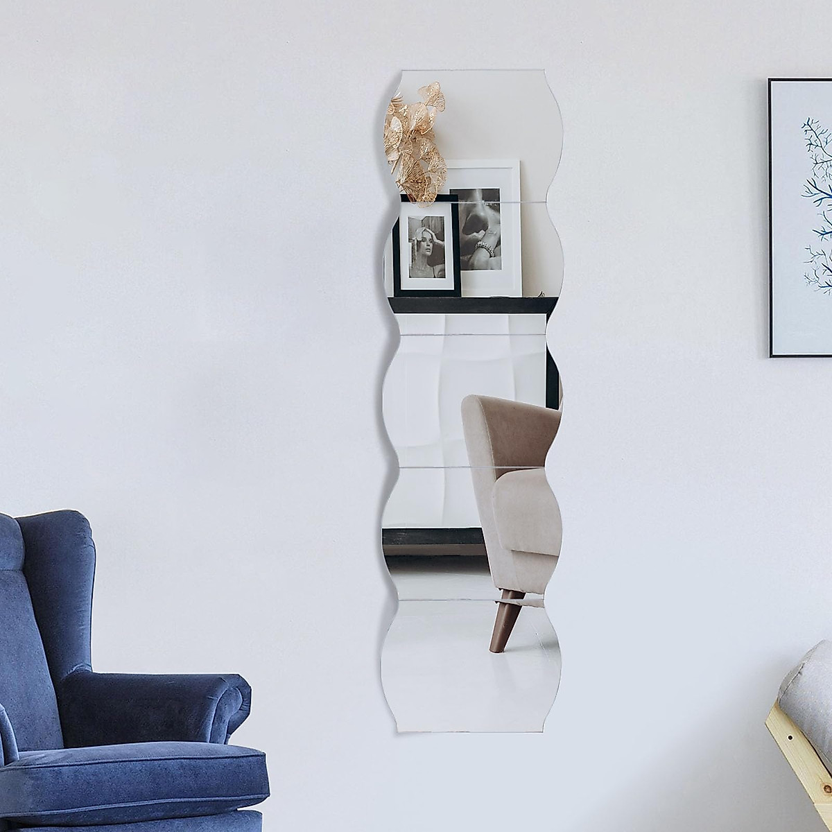 DEMAIKE Contemporary Wave Pattern Full-Length Body Mirror - Set of 5pcs, 9.7x8.6 inches, Self-Adhesive Irregular Wall Mirrors for Door, Living Room, Bedroom,