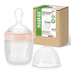 haakaa Gen.3 Silicone Feeding Spoon Bottle Peach (5oz./160ml) - Silicone Food Dispensing Spoon with Dust-Proof Cap, Homemade Food Squeeze Feeder Spoon for 6M+