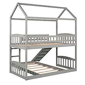 Harper & Bright Designs Twin Over Twin Bunk Bed with Slide, House Bunk Bed with Slide, Playhouse Bed for Toddlers Kids Girls Boys - Gray
