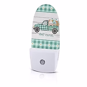 Plug-in LED Night Light with Auto Light Sensor - Popsicle Shape Nightlight Baby Night Lights for Hallway Bedroom Kids Room - Happy Easter Green Plaid Truck with Bunny and Easter Eggs Retro Wood Board