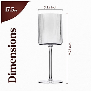 Ribbed Wine Glasses | Unique Fluted Design | Tall Wine Glasses with Long Stem | Fancy and Modern Trend Design | Large and Tall Vintage Wine Glasses - Set of 4