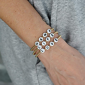 Anela Mama White Beaded Bracelet, 14kt Gold Filled Beaded, Stretch and Stackable, Hand Made in USA