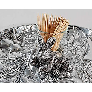 Arthur Court Aluminum Metal Rabbit Bunny Pattern Tidbit Cheese Hors d'oeuvres Tray with Glass for Toothpick - Durable Metal Silver Easter Entertaining 10.5 inch Diameter x 2.5 inch Tall