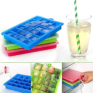 Ice Cube Trays Silicone - 3 Pack Silicone Ice Cube Trays Molds with Lid for Freezer, Removable and Stackable, 24 Ice Cubes Per Trays for Cocktail/Whisky/Beverages (Blue, Green, Rose Red)