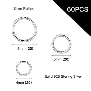 Sterling Silver Jump Rings for Jewelry Making 4mm 5mm 6mm 925 Sterling Silver Open Jump Rings for DIY（60 PCS）