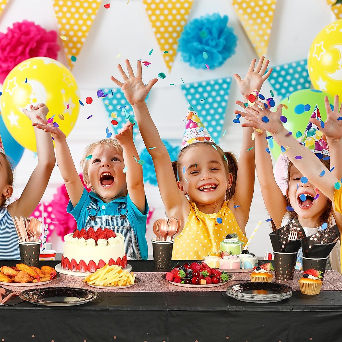 Capoda Black and Rose Gold Party Supplies Serve 24 Guest Rose Gold Dot on Black Paper Plate Napkin Cup Disposable Tablecloth Sequin Table Runner Cutlery for Wedding Bridal Shower Birthday Decorations