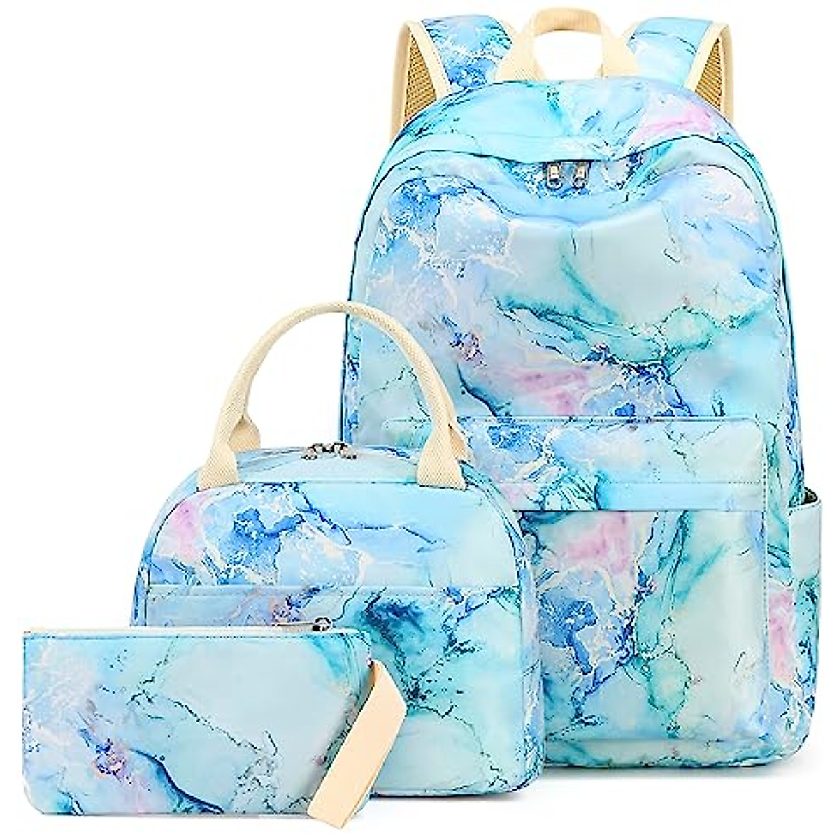 LEDAOU Backpack for Girls School Bag Kids Bookbag Teen Backpack Set Daypack with Lunch Bag and Pencil Case (Marble Purple Blue Green)