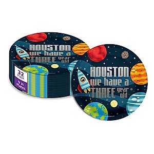 Houston We Have a Three Year Old Space Party Supplies - 32 Piece Space Third Birthday Party Plates - Boys 3rd Birthday Party - Rocket Large 9" Plates In Bulk