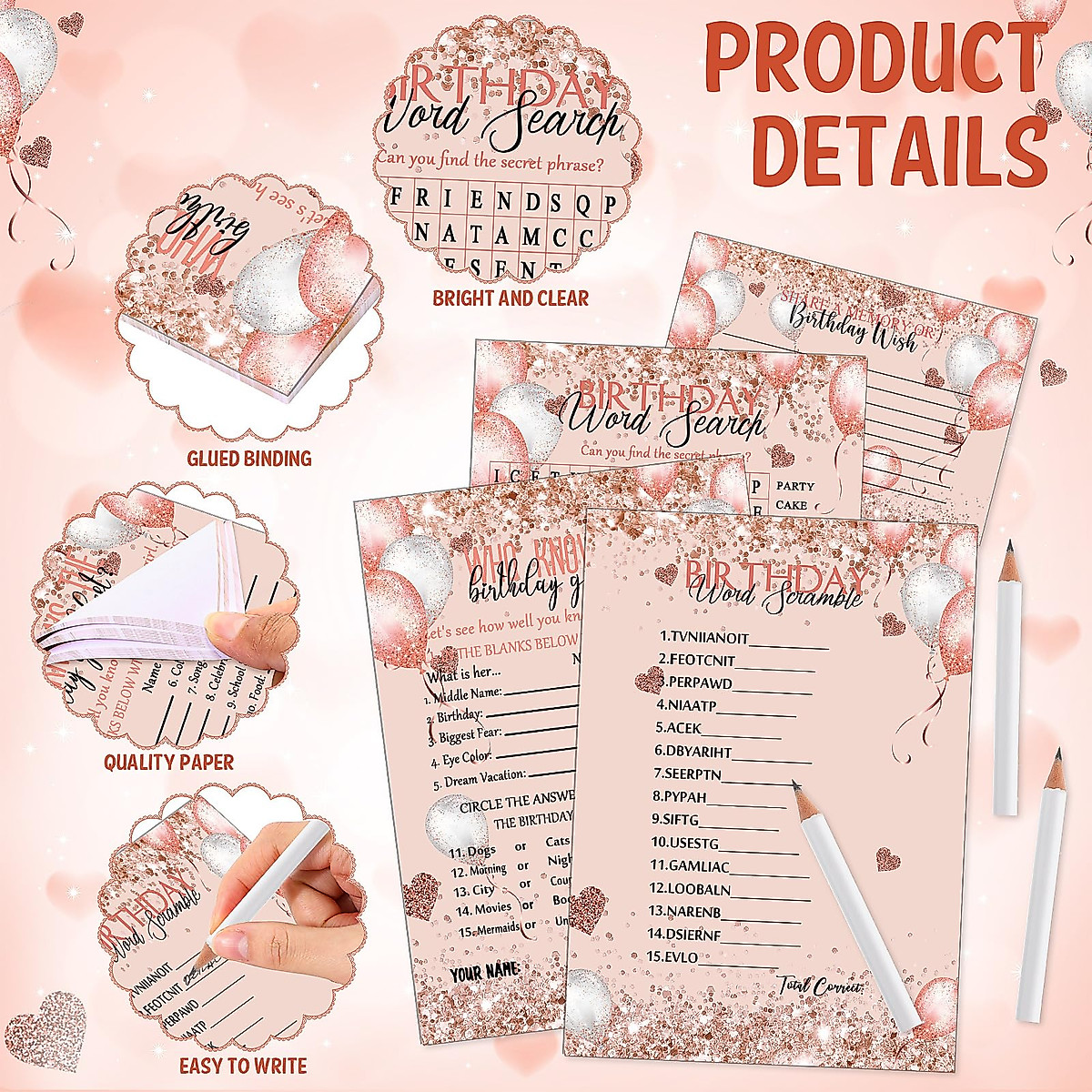 Fumete Birthday Party Games 100 Pcs Who Knows The Birthday Girl Game with 20 Pencils Girly Birthday Cards Set for Child Teen Adults Sweet Sleepover Party Supplies for Girls, 4 Activities (Balloon)