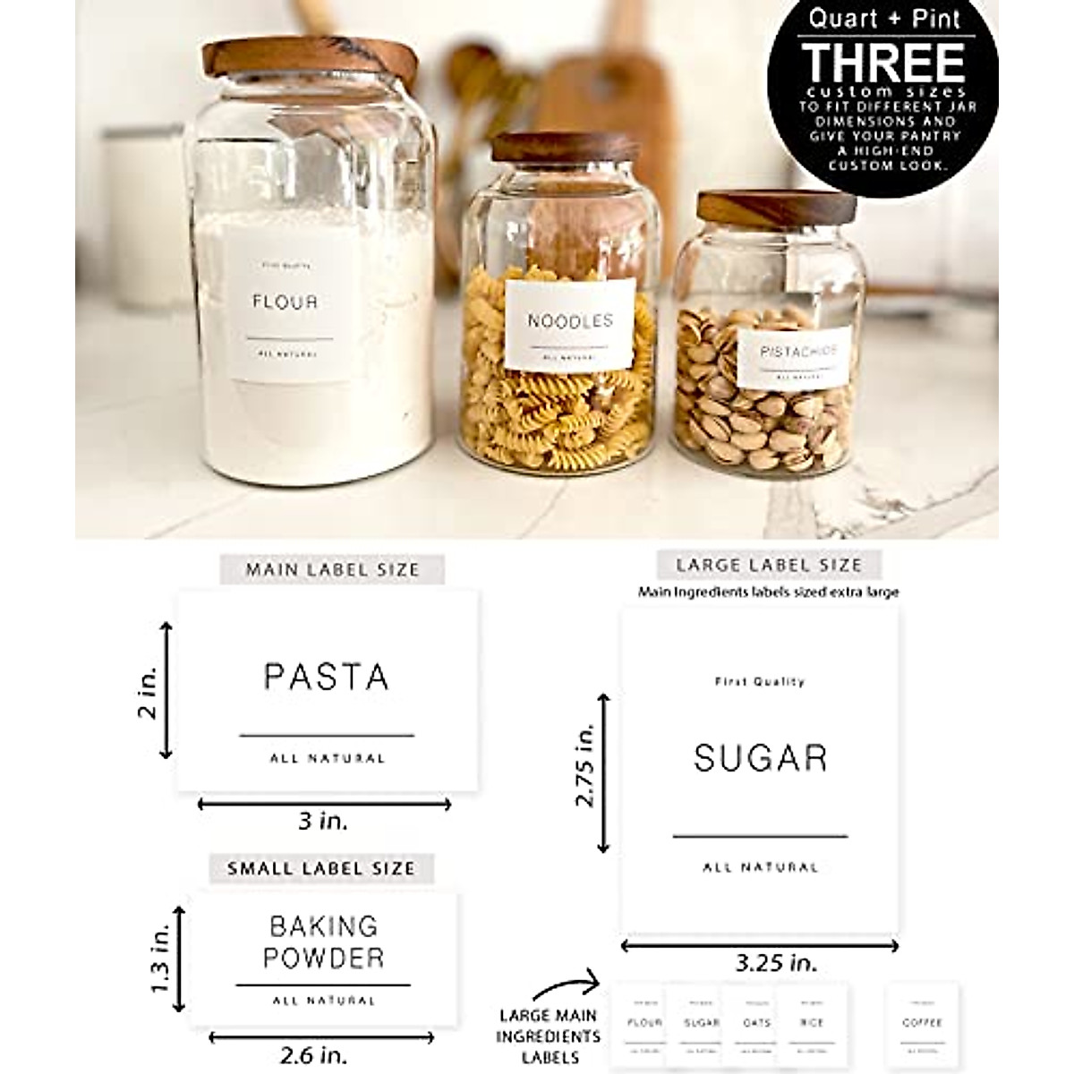 QUART + PINT 134 Kitchen Pantry Labels for Containers. Minimalist Preprinted Farmhouse Style. White Sticker Black Text. Waterproof Stickers. Organization Label for Jars Canisters & Storage Bins