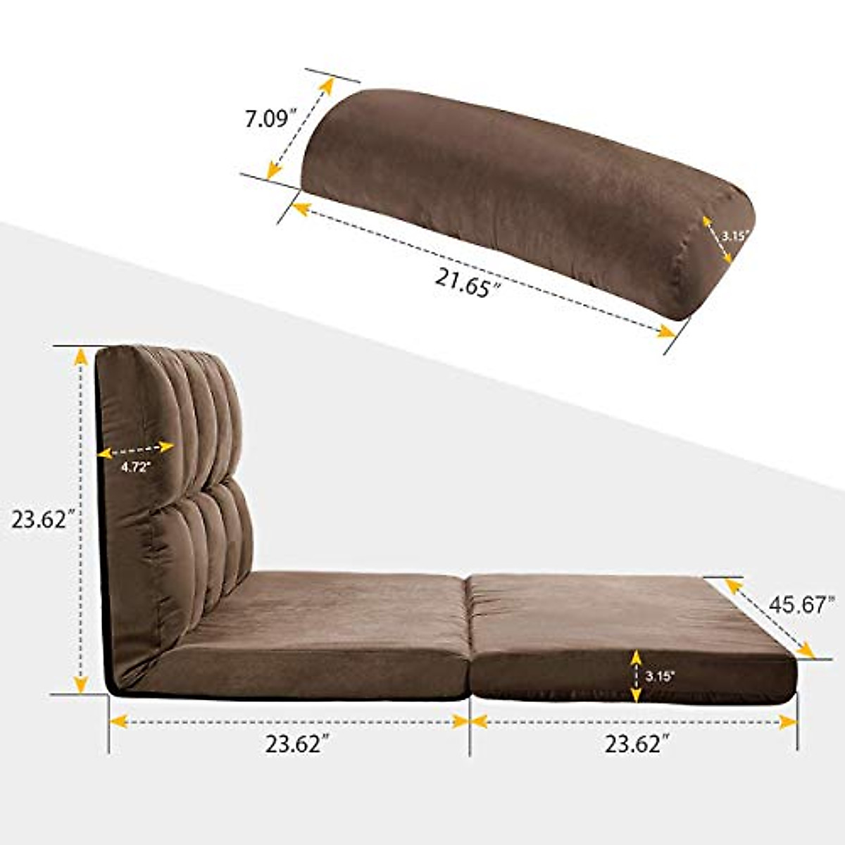 Double Chaise Lounge Sofa, Floor Sofa Bed Adjustable Sleeper Bed Futon Bed Sofa Couches 5-Position Reclining Sofa Lazy Sofa with Two Pillows (Brown)