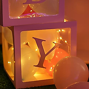 Uptotop 4 Pcs Baby Boxes with 30 Letters and 36 Balloons and 4 fairy string lights, for Baby Shower Gender Reveal Girl Boy Blocks Birthday Party Balloon Box Decorations(A-Z + BABY) 