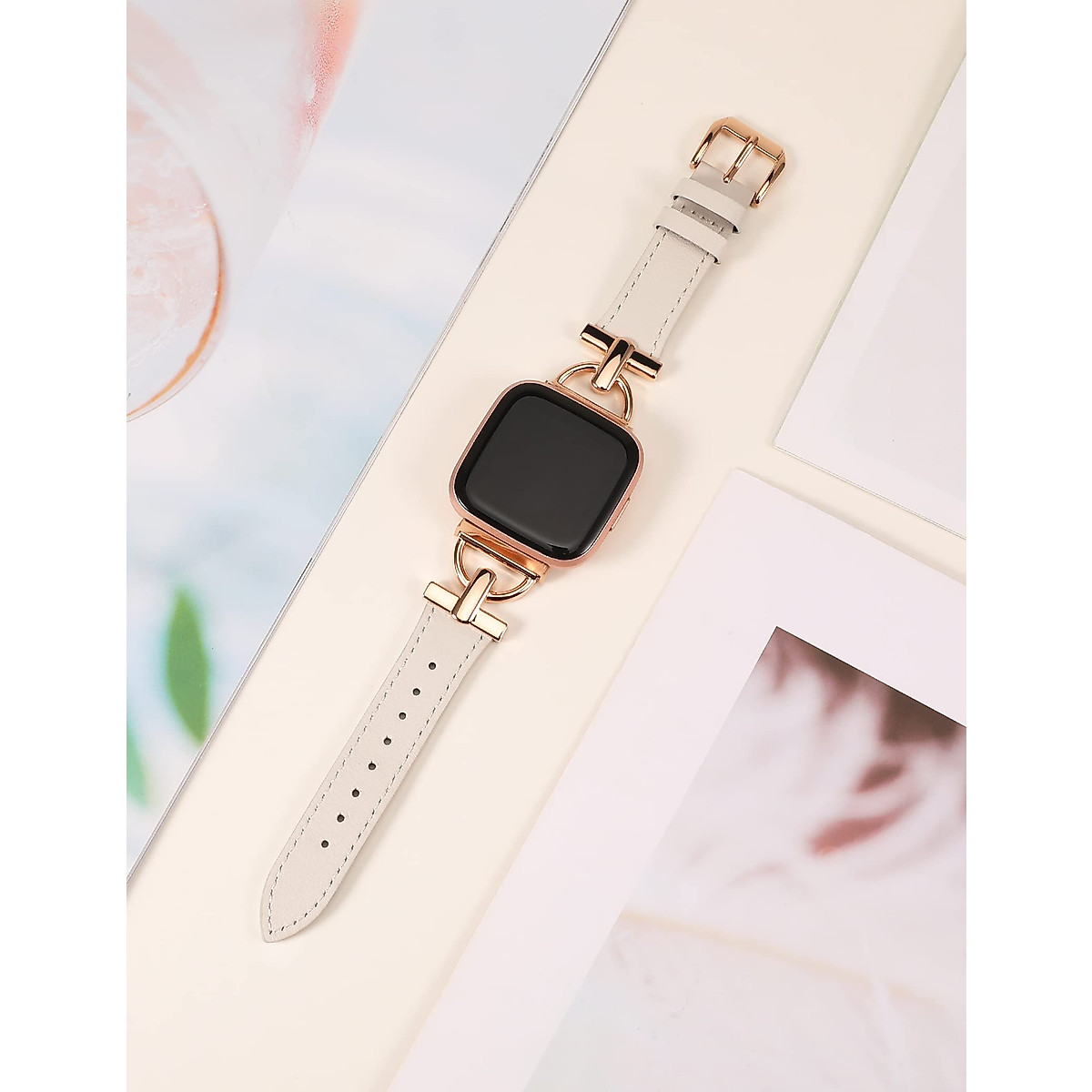 Wearlizer Leather Band Compatible with Fitbit Versa 2 Bands for Women, Dressy Slim Leather Strap Wristband with D-Shape Metal Buckle for Fitbit Versa/Versa 2/Versa Lite/Versa SE Smart Watch