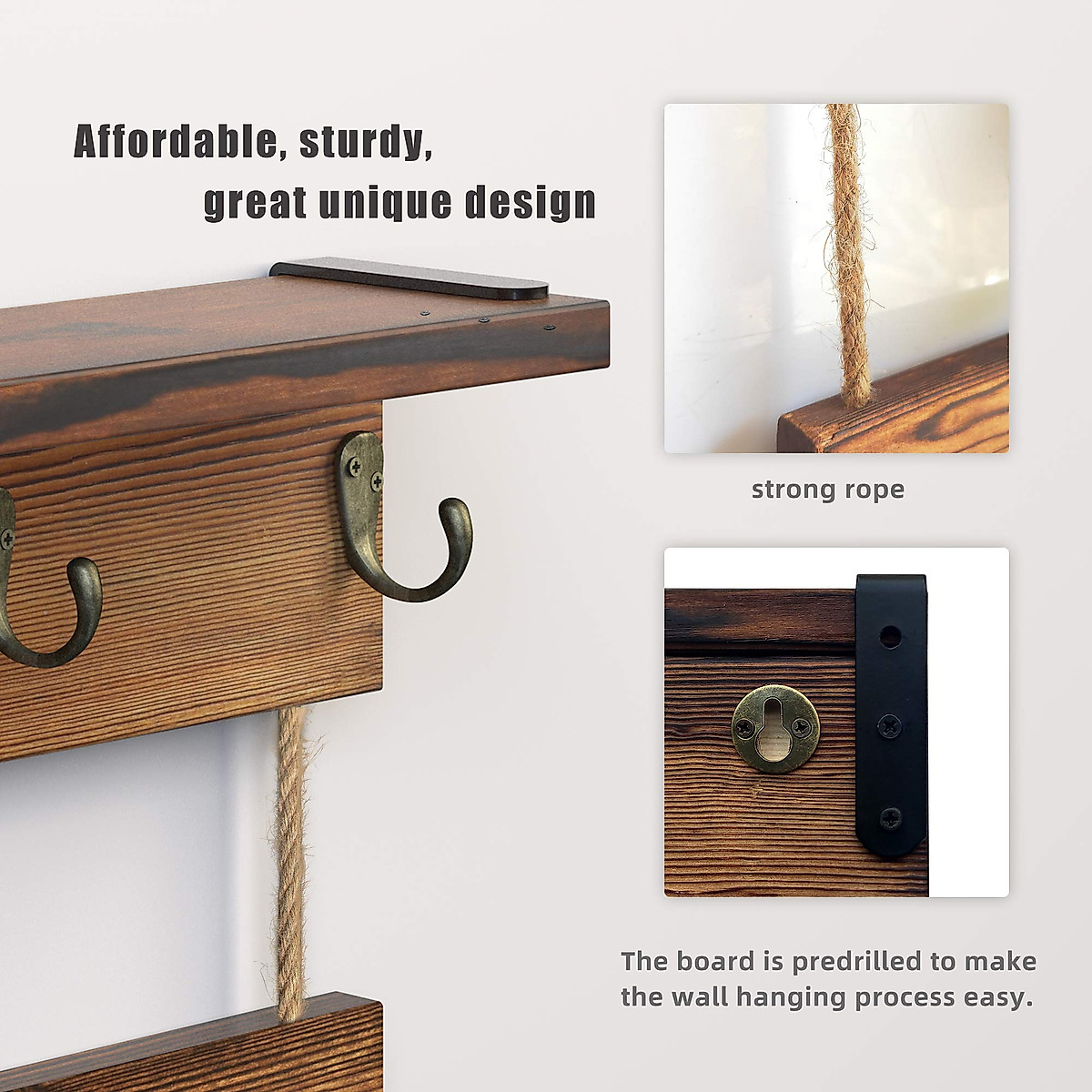 KOLYMAX 12 Hooks Coffee Cup Holder Solid Wood Mug Rack with Shelf Coffee Bar Mug Display Rustic Kitchen Storage Rack for Farmhouse Decor 3 Tie