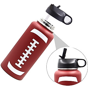 Football Water Bottle, Wide Mouth Metal Thermo Flask with 2 Lids, Stainless Steel Travel Tumbler Double Wall Vacuum Leak Proof Insulated Sports Water Bottles, Gifts for Mom Men Lovers (32oz, Football)