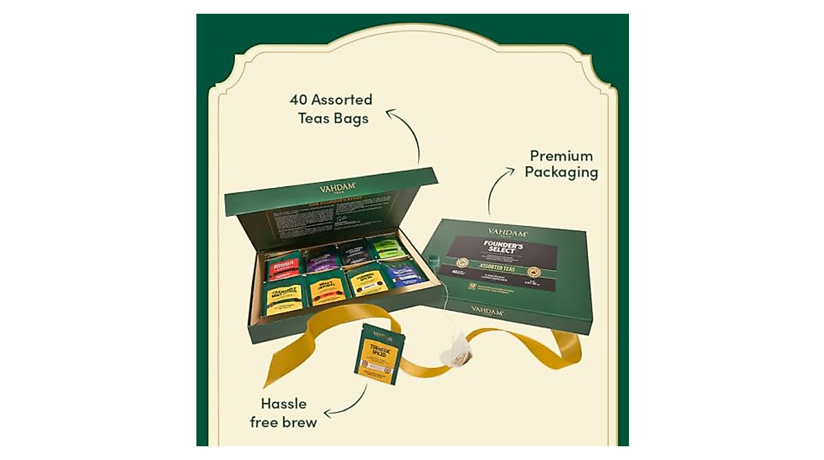 VAHDAM Founder's Select Tea Sampler Gift Set - 8 Flavors, 40 Teabags