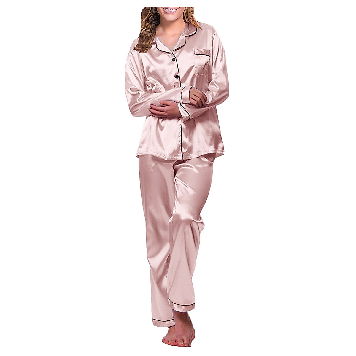 Aniywn Silk Satin Pajama Set For Women Soft Lounge Set Women's Silk Sleepwear Satin Long Sleeve Two Piece Pajama Pj Set B-pink