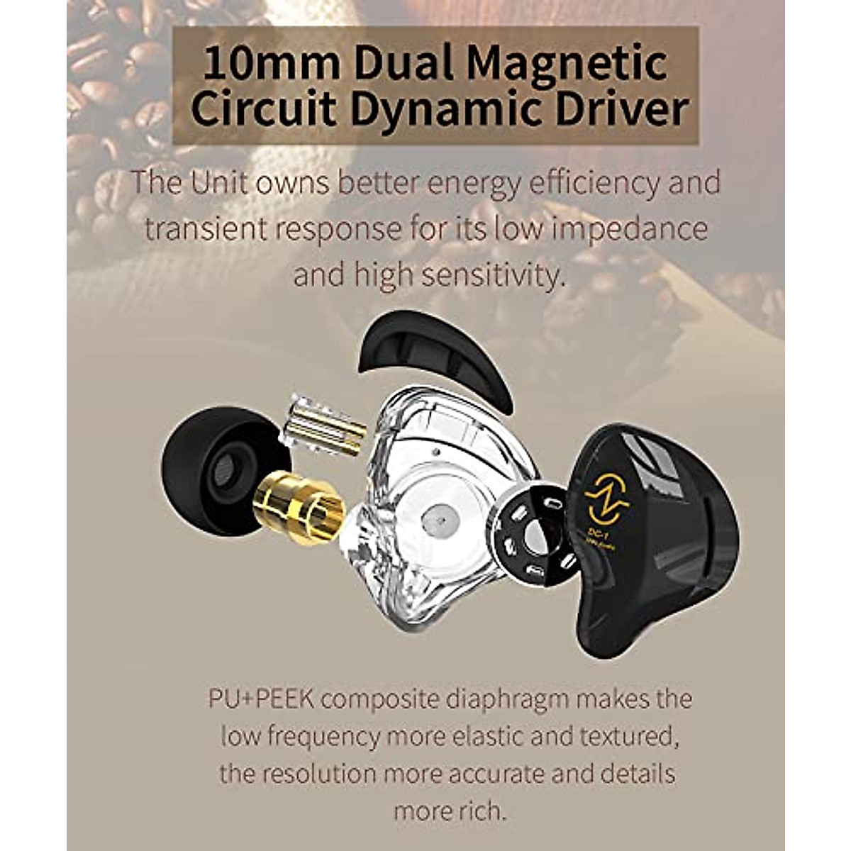 YINYOO in Ear Monitor Headphones CCZ Coffee-Bean IEM HiFi in-Ear Earbuds Earphone with 1DD, Immersive Bass Sound for Singers, Musicians, Stage, Drummers for Church Gym Running(Without mic, Black)