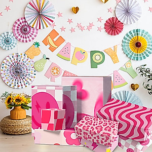 Lide Road Preppy Wrapping Paper Set, 12 Sheets Preppy Pink Smile Face Gift Wrapping Paper Pig Birthday Party Supplies for Preppy Y2k Female Bachelorette Party Decorations 20'' x 27''
