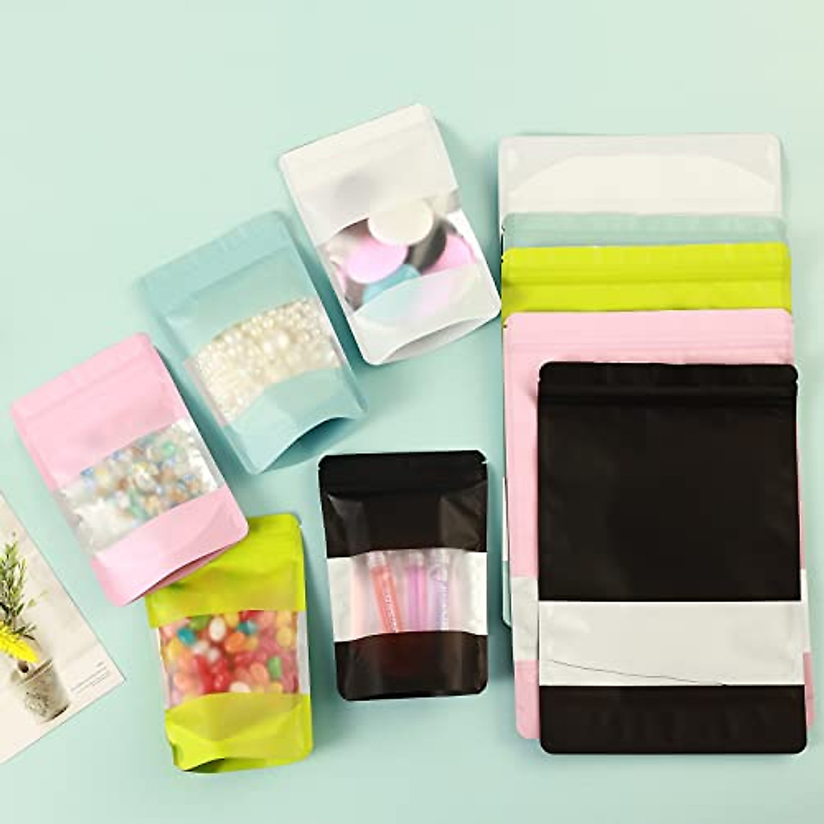 200 PCS-Stand Up Mylar Bags for Food Storage 5.5x7.9, Resealable Ziplock Bags with Visible Window Foil Pouch Bags Great for Packaging Small Craft, Lipgloss, Jewelry Packaging for Small Business