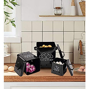 Xbopetda Food Storage Container for Potato, Onion and Garlic, Canister Sets for Kitchen Counter, Square Vegeatable Storage Pots, Kitchen Storage Jars with Aerating Tin Storage Holes & Lid-Black