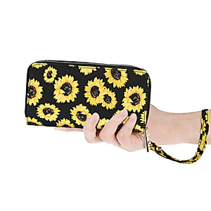 HAWEE Cellphone Wallet for Women Dual Zipper Long Purse with Removable Wristlet, Sunflower
