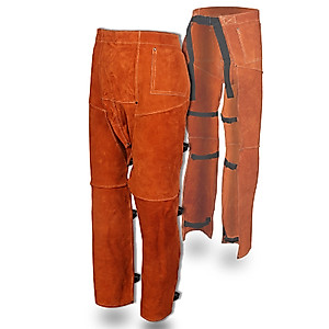 QeeLink Welding Pants - Heat & Flame Resistant Split Cowhide Leather Safety Chaps Leg Protection for Men and Women, Adjustable M to XXXL (Short 31-Inch) Brown