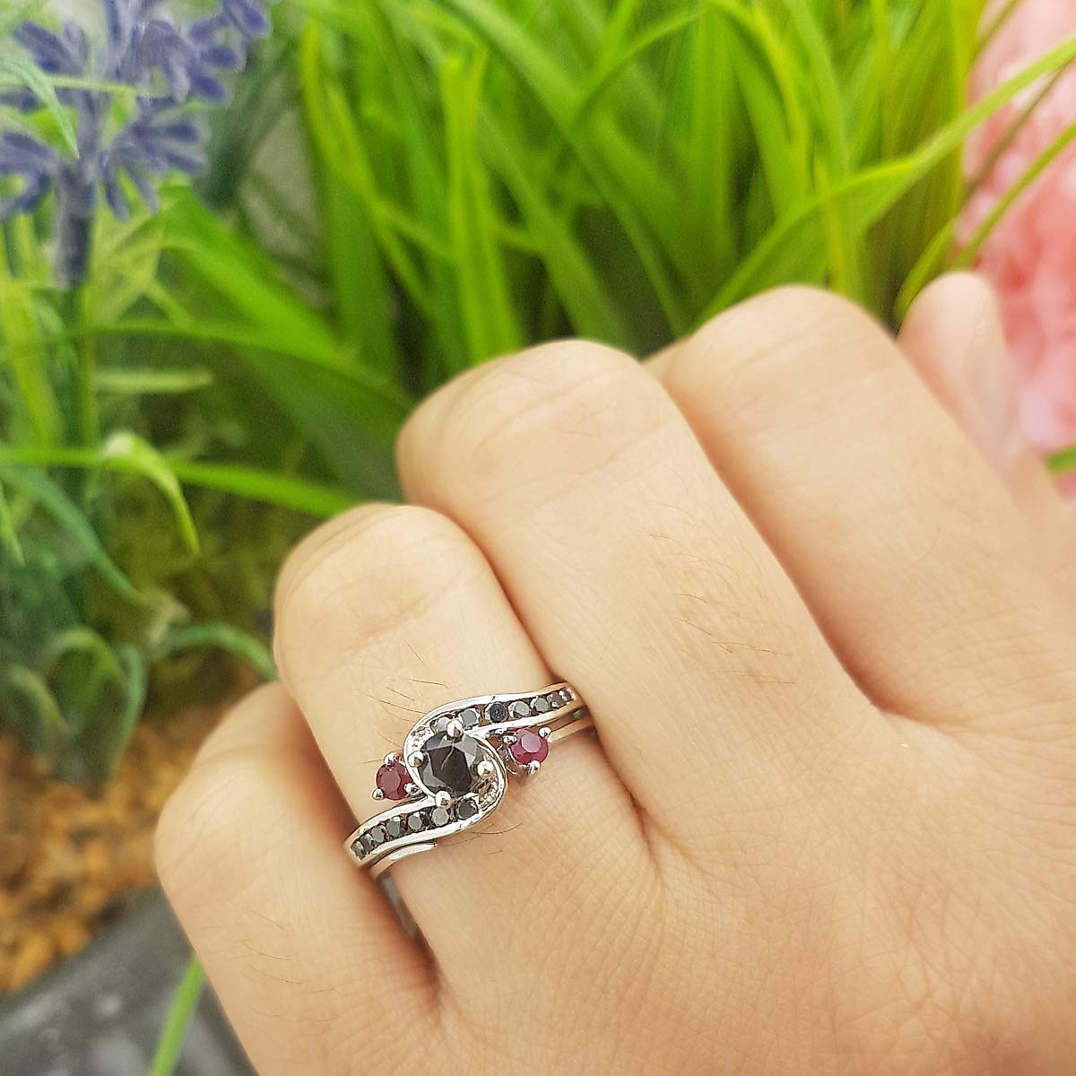 Dazzlingrock Collection 10K Black Diamond & Red Ruby Side Stones Swirl Wedding Ring Set, White Gold, Size 8.5