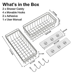 Shower Caddy Shelf, Adhesive Shower Organizer 2 Pack, Shower Shelves for Inside Shower Stainless Steel, Wall Mounted Shower Rack No Drilling, Shower Storage Organization for Bathroom, Silver