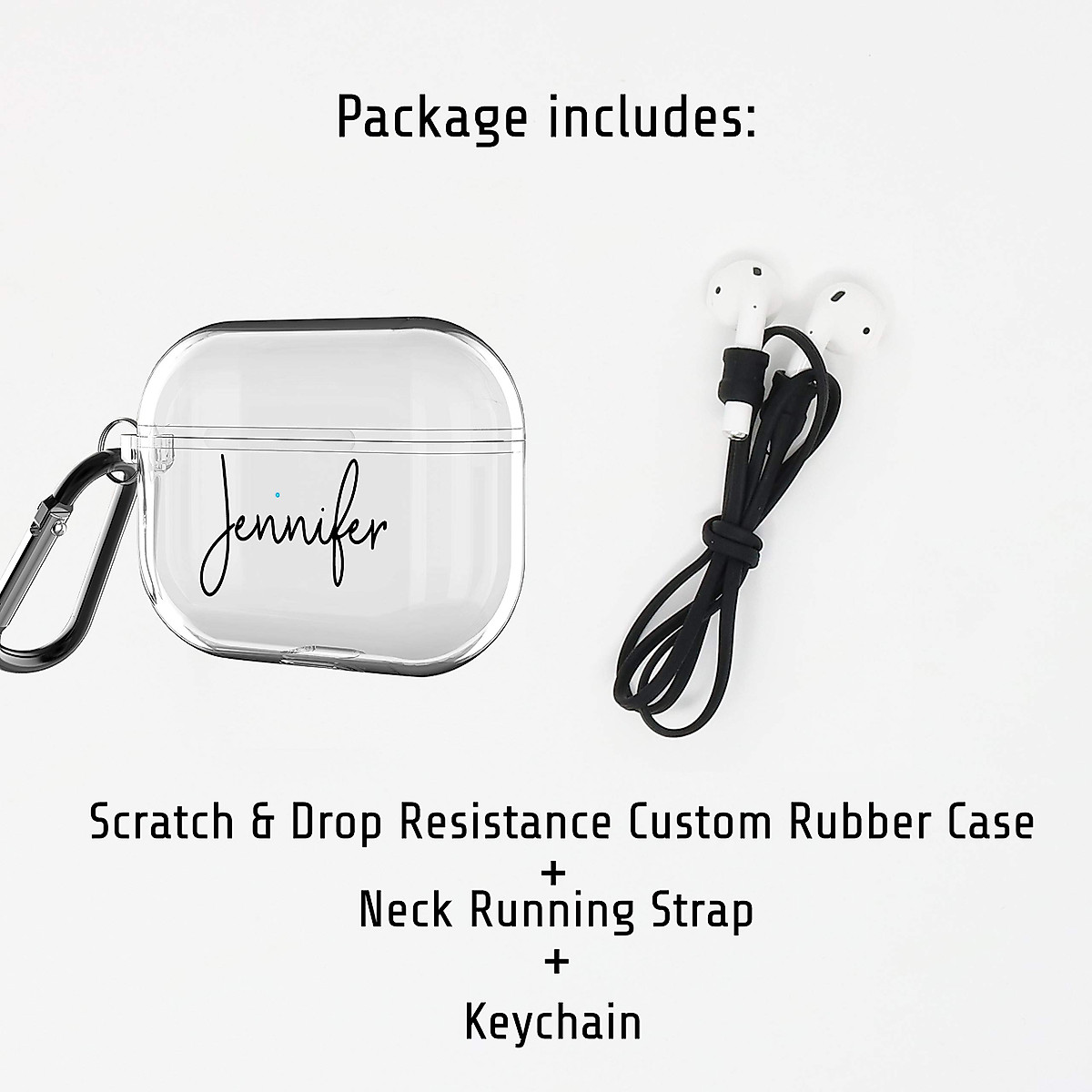 MARBLEFY Personalized AirPod 3 Case with Keychain Running Strap, Customized with Name on Clear AirPods 3rd Generation Case Cover Set, Great Cute Gift for women and girls