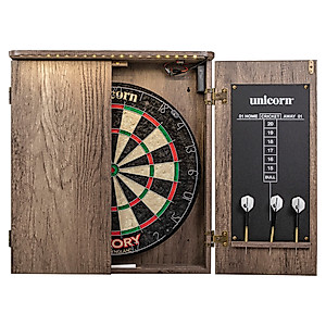 Unicorn LED Bristle Dartboard Cabinet Set - LED Tournament-Style Lighting - Official Size Dartboard - Woodgrain Finish Cabinet with Chalk Scoreboards - Includes Six Steel Tip Darts, Brown