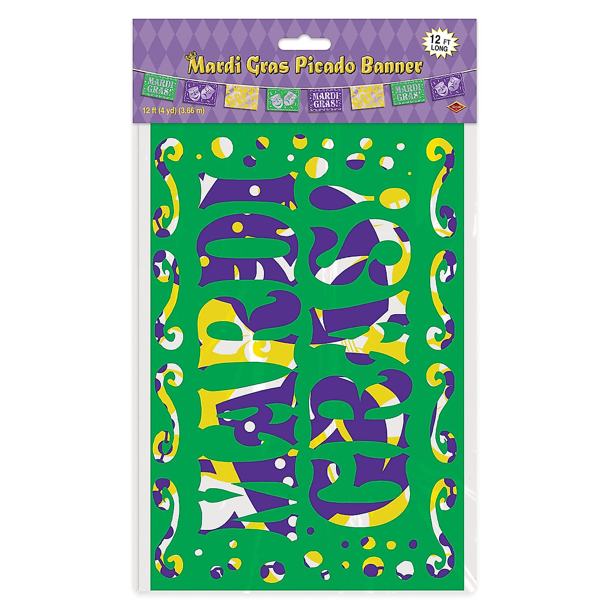 Beistle Weather Plastic Picado Style Pennant Banner Mardi Gras Photography Background Party Decorations New Orleans Hanging Décor, 8" x 12', Green/Yellow/Purple