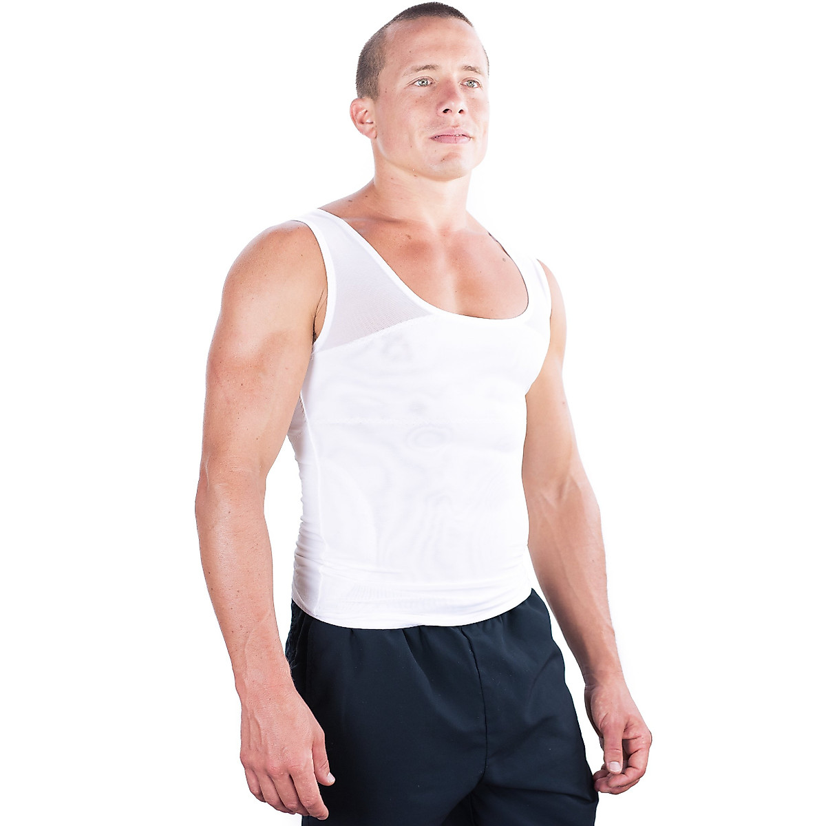 Esteem Apparel Original Men's Chest Compression Shirt to Hide Gynecomastia Moobs Shapewear (White, Large)