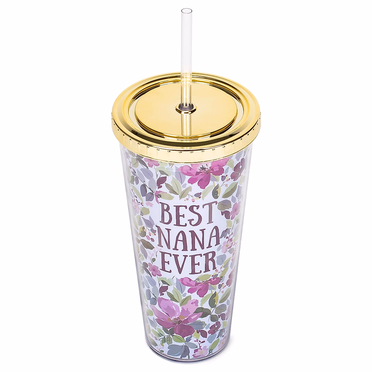 Mary Square Best Nana Ever Purple Salem Floral 24 Ounce Straw Tumbler with Goldtone Lid