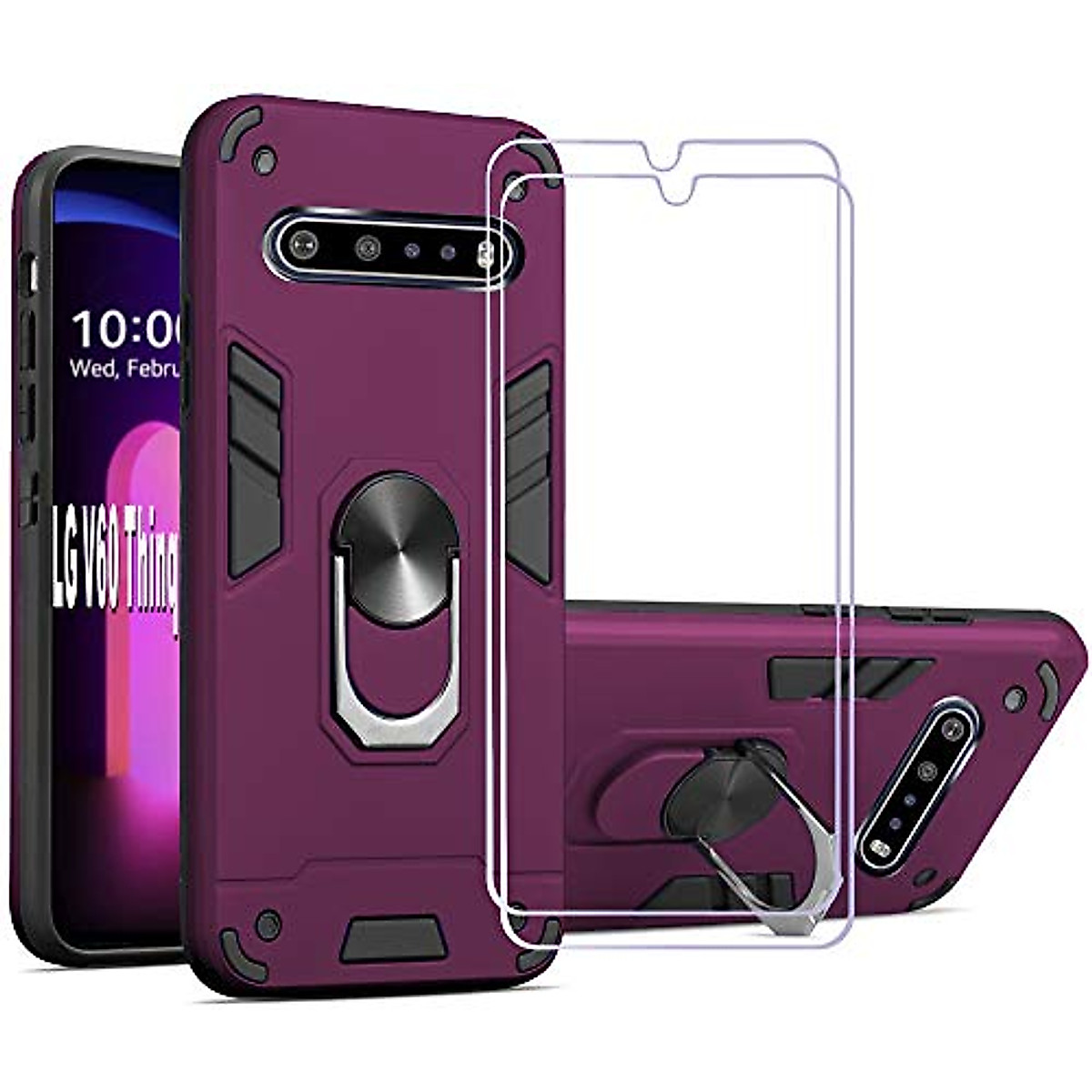 Folmeikat LG V60 Thinq/LG V60 Thinq 5G/ LG G9 Thinq Case, Screen Protector [2Pack] 360 Degree Rotating Metal Ring Slim Shock Absorption Reinforced Corner Soft TPU Silicone Case 6.8" (Wine red)