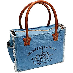 NATURALS EXPORT OAG Upcycle Canvas Bag, Handmade Canvas Bag With Leather, Canvas Tote Bag, Canvas Shoulder Bag, Canvas Handbag for Women, Blue