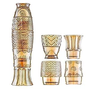 Fish Design Stackable Drinking Glasses, Colored Glass, Stack Tumbler Glass, Nautical Glassware for Beverage, Fish Shaped Glasses Drinking for Home Decor, Set Of 4, Amber